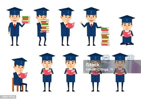 다양 한 상황에서 책으로 포즈를 취한 대학원 학생 캐릭터 세트 쾌활 한 졸업생 독서 책 웃 고 울고 다른 작업을 보여주는 감정에 대한 스톡 벡터 아트 및 기타 이미지