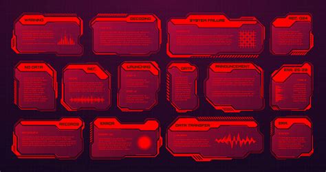 빨간색 미래형 Hud 또는 Ui 요소 공상 과학 사용자 인터페이스 텍스트 상자 설명선 경고 메시지 프레임 정보 상자 템플릿입니다 디지털 스타일의 현대적인 게임 인터페이스