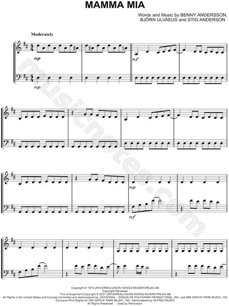 Abba Mamma Mia Violin And Cello Sheet Music In D Major Download