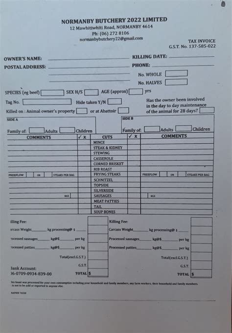Our Kill Sheet For Home Kill Normanby Butchery