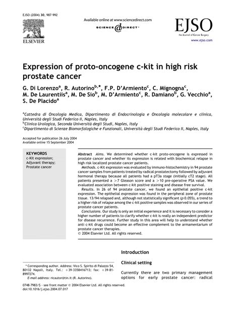 Pdf Expression Of Proto Oncogene C Kit In High Risk Prostate Cancer