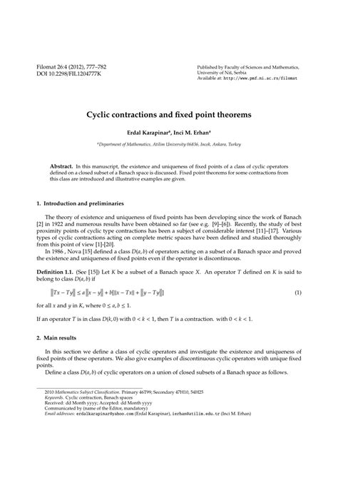 Pdf Cyclic Contractions And Fixed Point Theorems