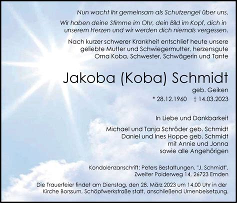 Traueranzeigen Von Jakoba Schmidt Nordwest Trauer De