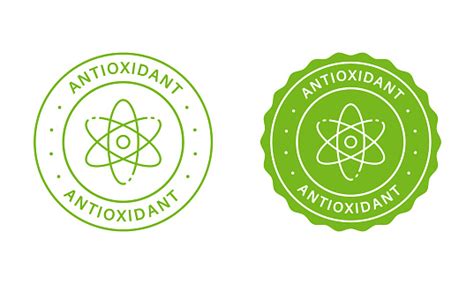 천연 항산화 스탬프 세트 건강한 유기농 천연 제품 그린 라벨 항산화 분자 세포 로고 항산화 해독 기호 고립된 벡터 그림 비타민에 대한 스톡 벡터 아트 및 기타 이미지