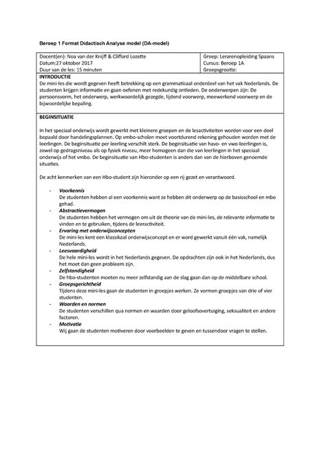Format Didactisch Analyse Model Ingevuld Beroep 1 Format Didactisch