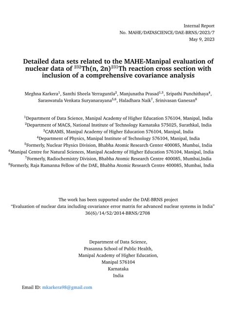 Pdf Detailed Data Sets Related To The Mahe Manipal Evaluation Of Nuclear Data Of 232 Th N 2n