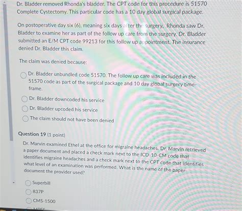 Solved Dr Bladder Removed Rhondas Blaadder The Cpt Code