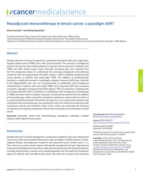 Pdf Neoadjuvant Immunotherapy In Breast Cancer A Paradigm Shift