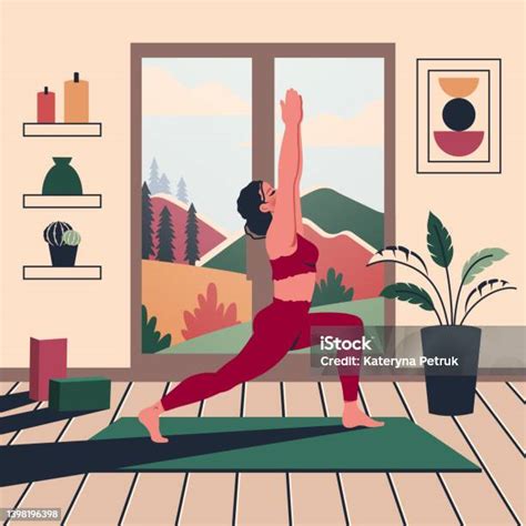 집에서 아름다운 요가 여성 어린 요가 소녀는 실내에서 뻗어 있습니다 여성 캐릭터는 명상을하고 방에서 호흡 연습을합니다 인테리어 디자인 건강한 라이프 스타일의 벡터 플랫 만화