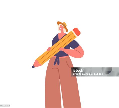 큰 연필을 들고 있는 젊은 여자 전문 도구를 가진 아티스트 또는 디자이너 캐릭터 만화 사람들 벡터 일러스트 레이 션 결심에 대한
