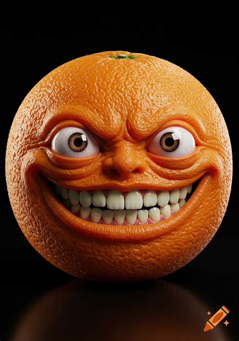 A Photorealistic Distorted Orange With Creepy Human Eyes And A Wide Menacing Smile Revealing