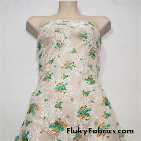Flowery Print On Off White Stretch Lace Fabric Fluky Fabrics Online Shop