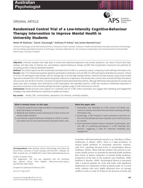 Pdf Randomised Control Trial Of A Low‐intensity Cognitive‐behaviour Therapy Intervention To