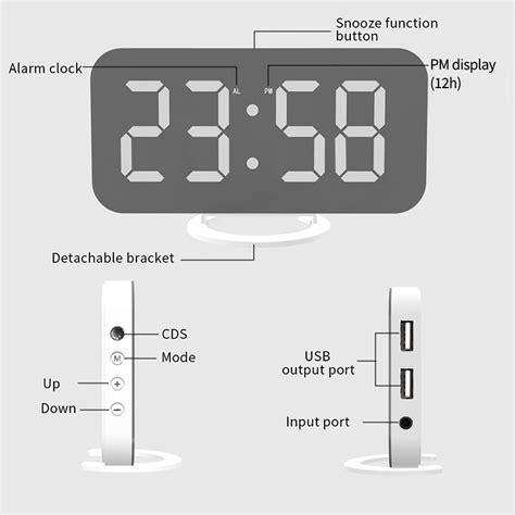 Огледален будилник Snooze Led цифрови будилници Led за спалня Подсветка на телефона Зареждане на
