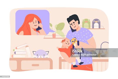 아기 벡터 일러스트레이션을 가지고 노는 동안 아내를 부르는 남편 0명에 대한 스톡 벡터 아트 및 기타 이미지 0명 개념