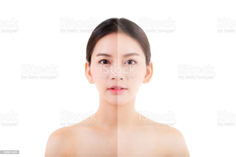흰색 배경 뷰티 개념에 아름 다운 아시아 젊은 여자 전에 손질 및 Afterface 2 개 부품 가난한 상태 양호한 상태로