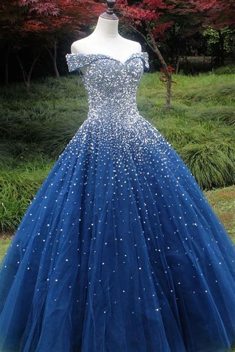 Sparkle Off The Shoulder Blue Ball Gown Prom Dresses Puffy Tulle