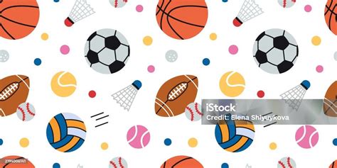 농구 미식 축구 야구 테니스 배구 축구 및 배드민턴용 셔틀콕용 공이 있는 완벽한 패턴 스포츠 게임 흰색 배경에 벡터 그림 평면 디자인 Championship에 대한 스톡