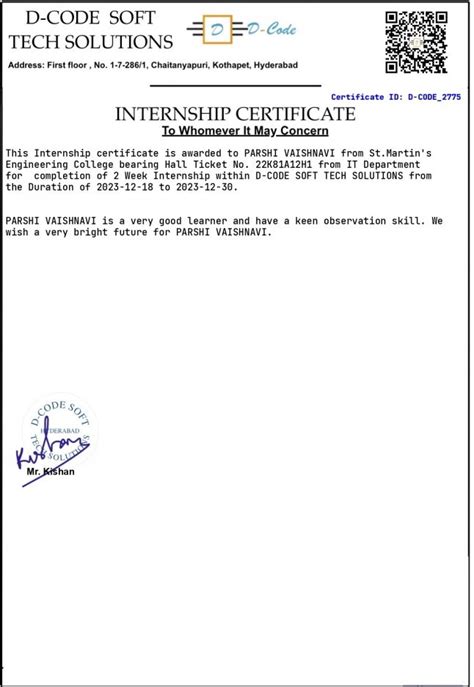 Parshi Vaishnavi On Linkedin Successful Completion Of Internship From