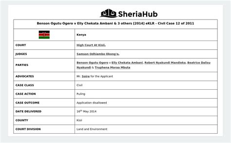 Benson Ogutu Ogero V Elly Chekata Ambani And 3 Others [2014] Eklr