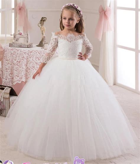 Flor Menina Vestido 2016 Bola Gwn Boat Neck Mangas 3 4 Rendas Garoto