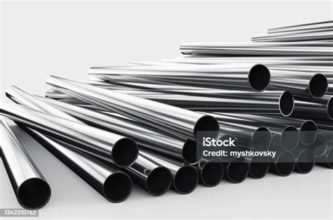 흰색 배경에 금속 파이프의 클로즈업 흰색 배경에 고립 된 철 파이프 더미 3d 렌더 일러스트레이션 0명에 대한 스톡 사진 및 기타 이미지 Istock