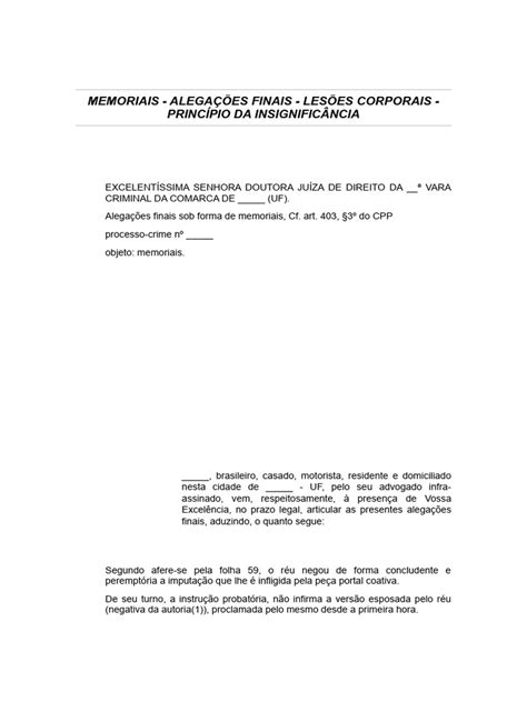 Memoriais AlegaÇÕes Finais LesÕes Corporais PrincÍpio Da
