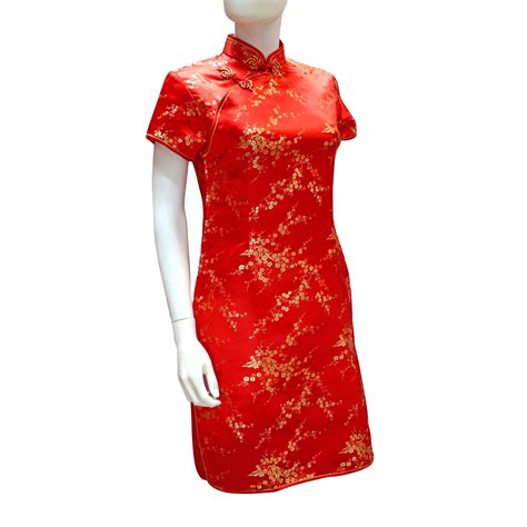 Short Sleeve Mini Qipao With Gold Blossoms Red Pearl River Mart