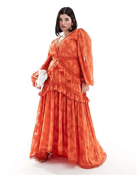 Asos Design Curve Robe Mi Longue En Jacquard Fleuri à Dentelle