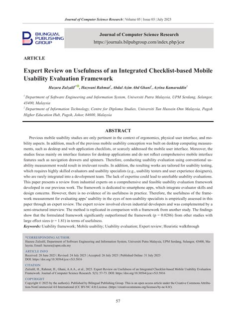 Pdf Expert Review On Usefulness Of An Integrated Checklist Based Mobile Usability Evaluation