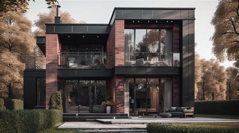 Casa Moderna De Dois Andares Telhado Plano E Grandes Janelas Foto Premium