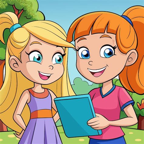 Premium Vector A Cartoon Of Two Girls Holding A Tablet With The Word The Word On It