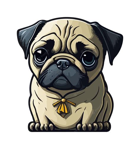 퍼그 개 만화 그림 귀여운 친근한 뚱뚱한 새끼 사슴 앉아 퍼그 강아지 미소 프리미엄 벡터
