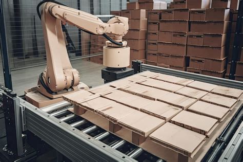 Premium AI Image Palletizing Robot Placing Boxes On A Conveyor Belt Created With Generative Ai