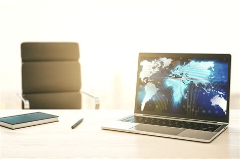 현대 노트북 모니터 관광 및 여행 개념에 추상적 인 창조적 인 디지털 세계지도 3d 렌더링 0명에 대한 스톡 사진 및 기타 이미지 Istock