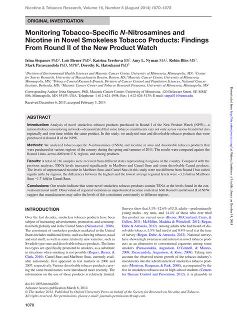 Pdf Monitoring Tobacco Specific N Nitrosamines And Nicotine In Novel Smokeless Tobacco