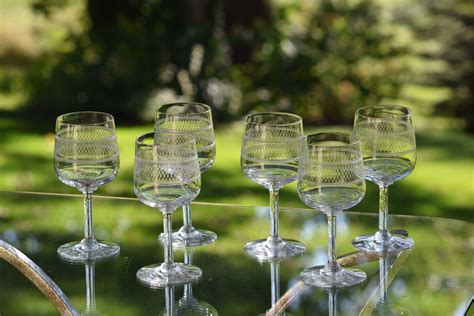 Antique Needle Etched Optic Wine Glasses Set Of 6 Circa 1920s