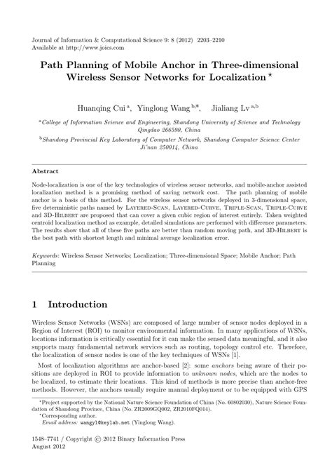 Pdf Path Planning Of Mobile Anchor In Three Dimensional Wireless