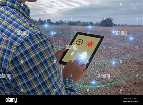 Smart Agriculture Concept Farmer Use Tablet Read Infrared In Soil With High Definition Soil