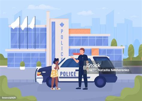길 잃은 소녀와 경찰관 거리 평면 컬러 벡터 일러스트 레이 션 경찰관에 대한 스톡 벡터 아트 및 기타 이미지 경찰관 도시를