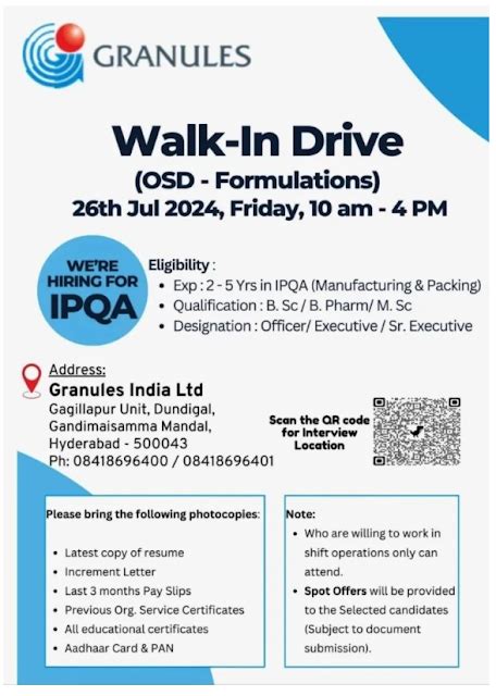 Granules Gagillapur Walk In Interview On 26th July 2024 Pharmajobs