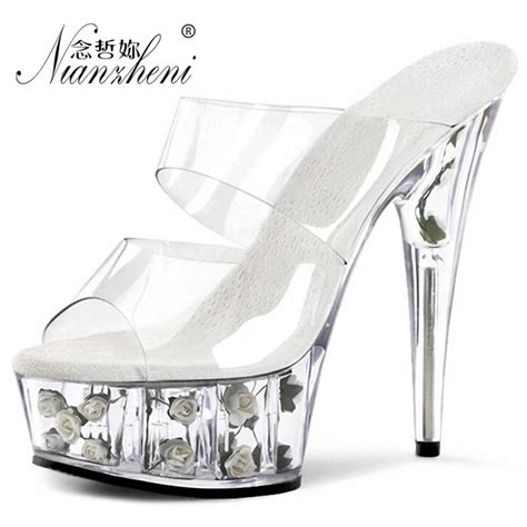 장미 꽃 크리스탈 얇은 발 뒤꿈치 6 인치 하이힐 신발 15cm 여성용 슬리퍼 두꺼운 플랫폼 모델 파티 드레스 크로스 드레싱슬리퍼 Aliexpress