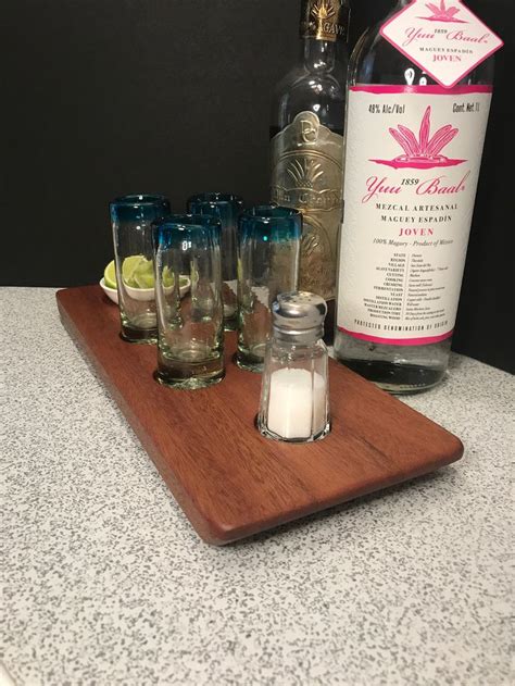 Tequila Mahogany Serving Tray Set With Salt Shaker Bowl And 4 Aqua Rim
