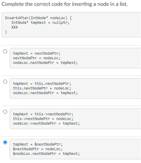 Solved Complete The Correct Code For Inserting A Node In A Chegg
