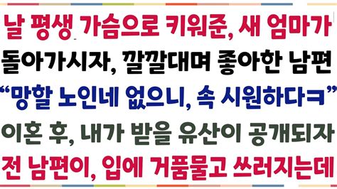 반전신청사연 날 평생 가슴으로 키워준 새엄마가 돌아가시자 깔깔대며 좋아한남편 망할 노인네 없으니 시원하다 이혼후 내가받을 유산이 공개되자 신청사연 사이다썰 사연