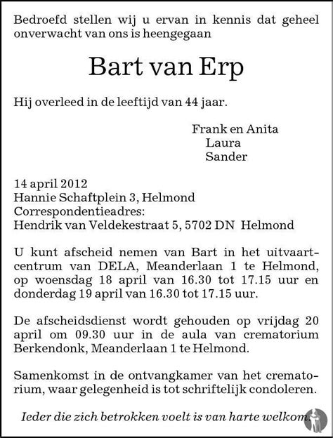 Bart Van Erp 14 04 2012 Overlijdensbericht En Condoleances Mensenlinqnl