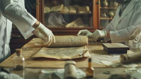 Two Scientists In White Lab Coats Working On A Manuscript Likely