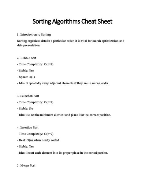 Sorting Algorithms Cheat Sheet Key Concepts And Techniques Studocu