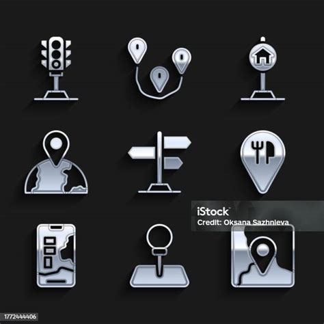 도로 교통 표지판 푸시 핀 위치 마커가 있는 접힌 지도 카페 및 레스토랑 도시 내비게이션 지구본 위치 호텔 및 신호등 아이콘을 설정합니다 벡터 간판에 대한 스톡 벡터 아트