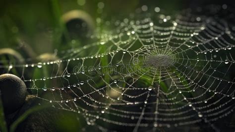 A Spider Web Covered In Water Droplets On A Green Grass Stock
